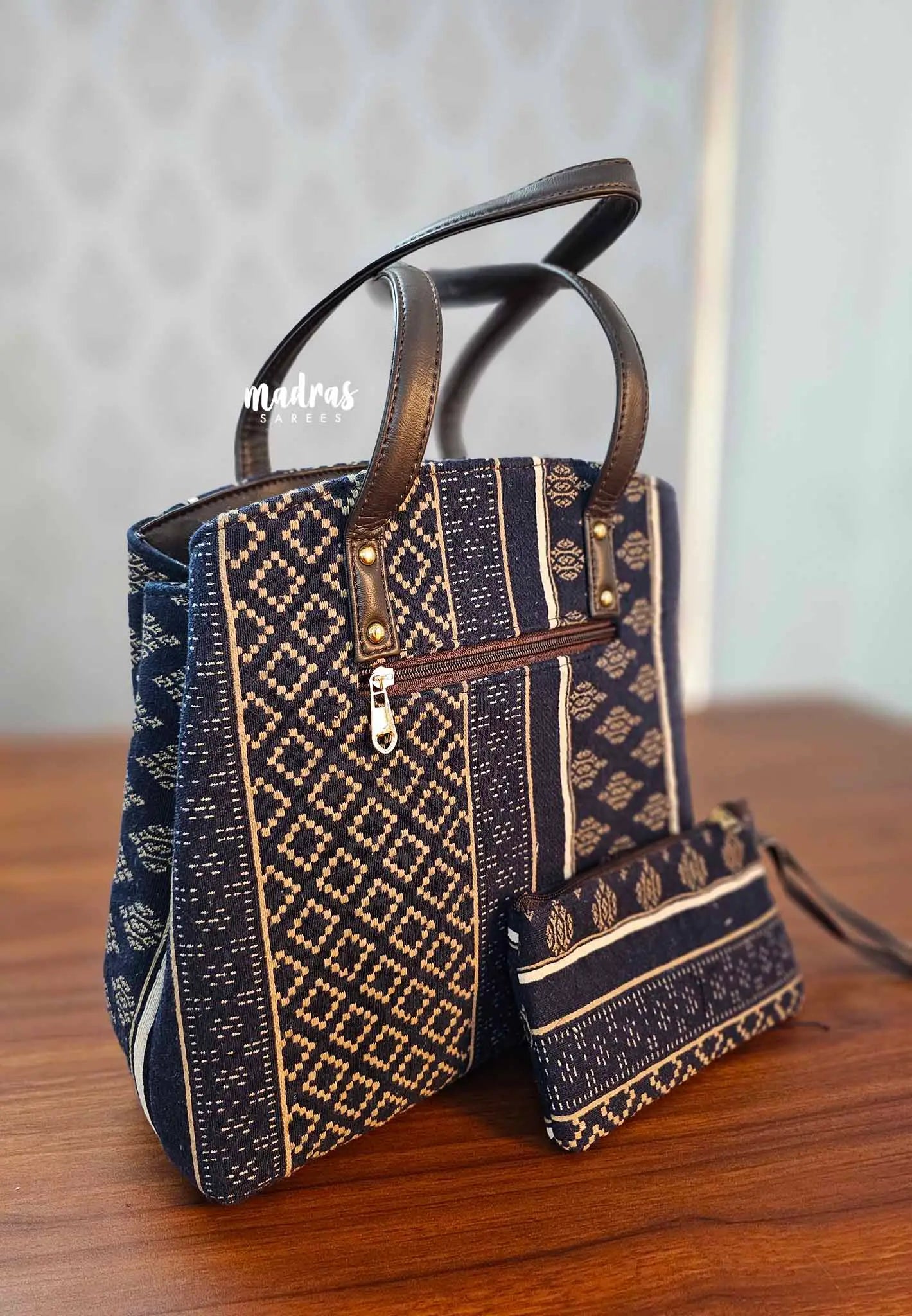 Indigo blue - Jacquard 3 zip partition handbag / office bag – Madras Sarees