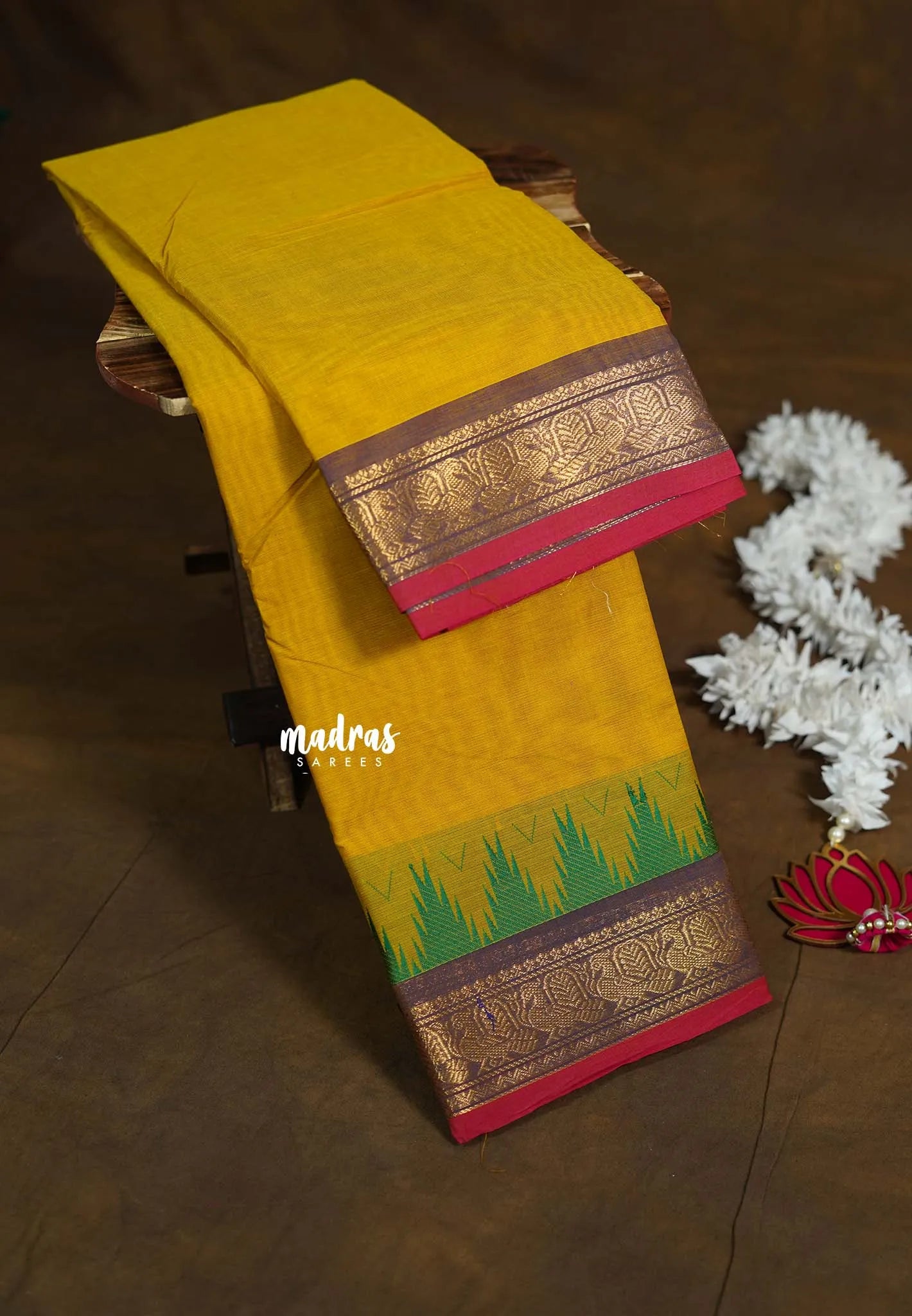Marigold Yellow - Karthigai silk cotton plain body small Peacock and T ...