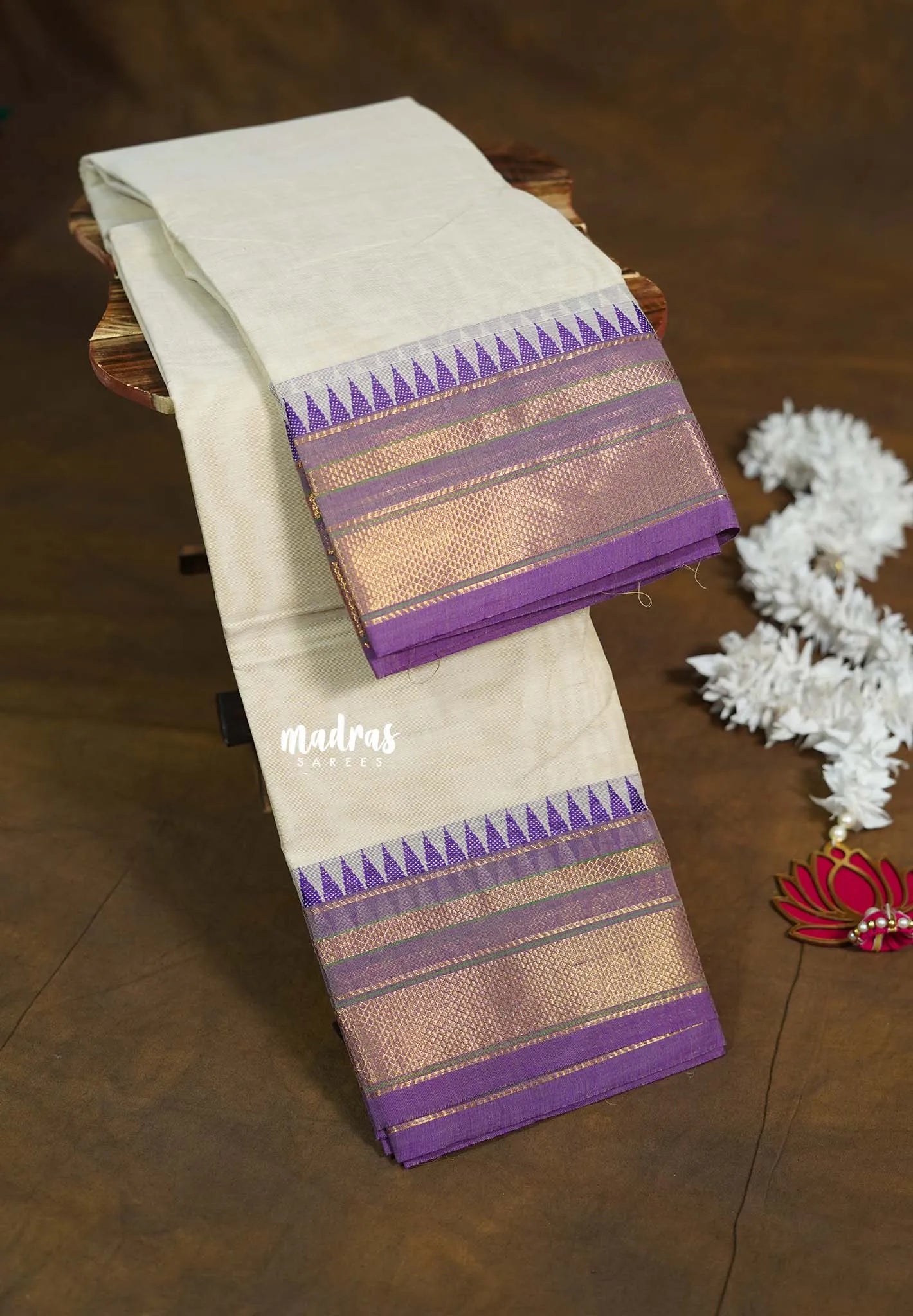 Ivory Beige - Karthigai silk cotton plain body with small temple and z ...