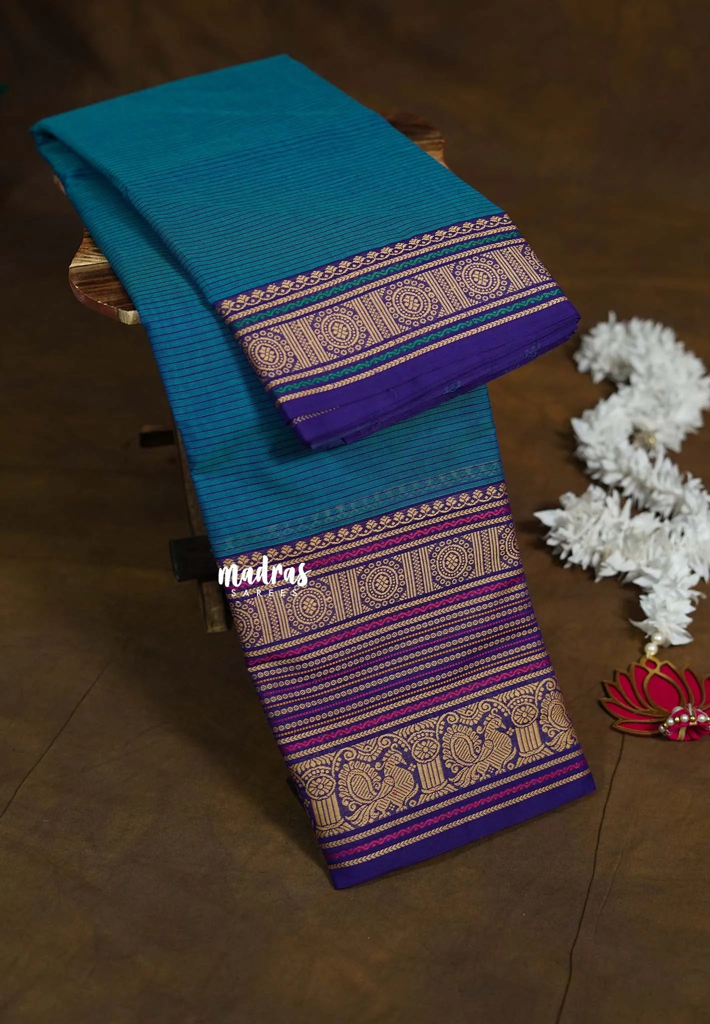 Teal Blue - Karthigai silk cotton chettinad lines thread weaving multi ...