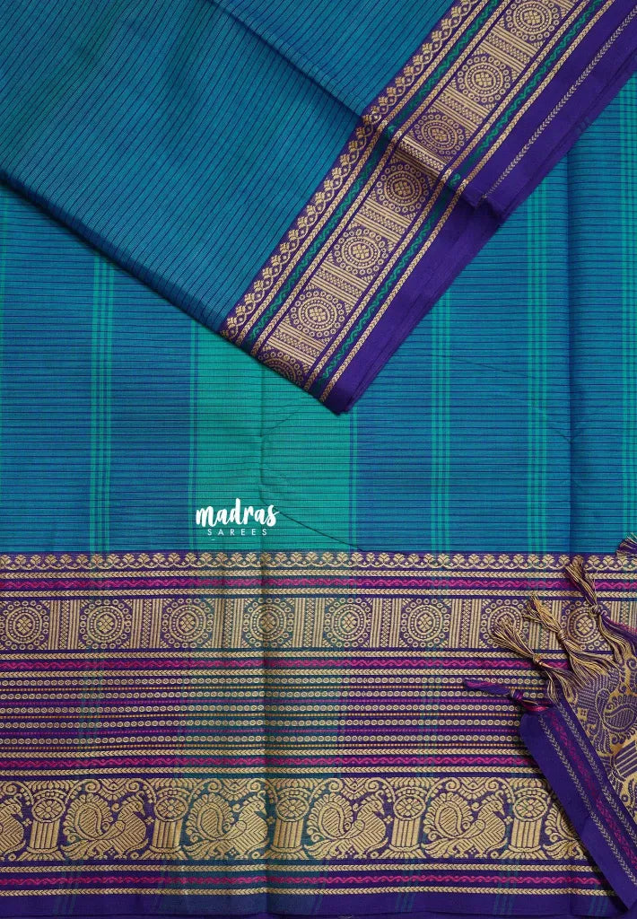 Teal Blue - Karthigai silk cotton chettinad lines thread weaving multi ...