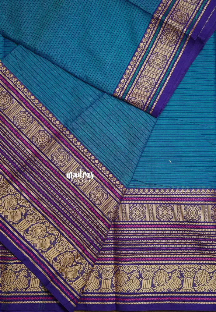 Teal Blue - Karthigai silk cotton chettinad lines thread weaving multi ...