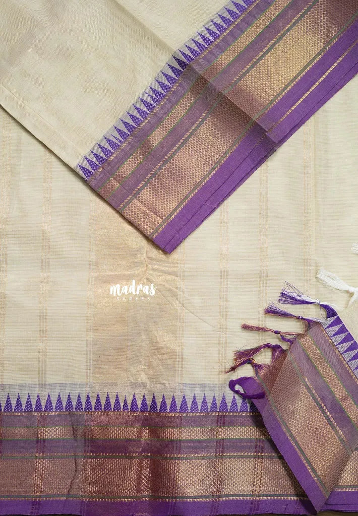Ivory Beige - Karthigai silk cotton plain body with small temple and z ...