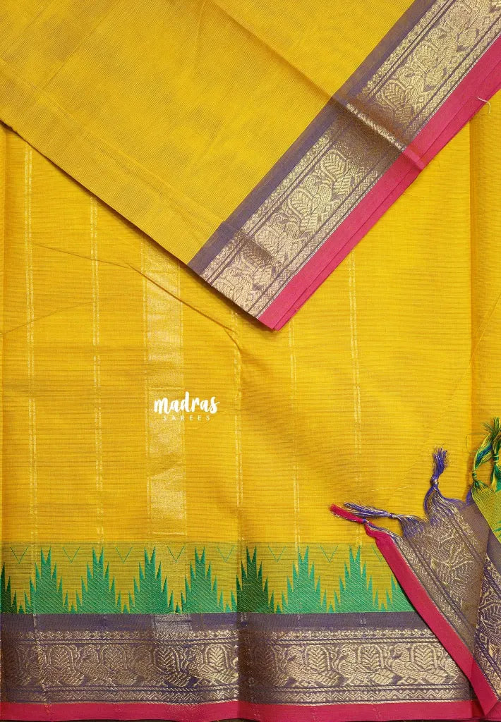 Marigold Yellow - Karthigai silk cotton plain body small Peacock and T ...