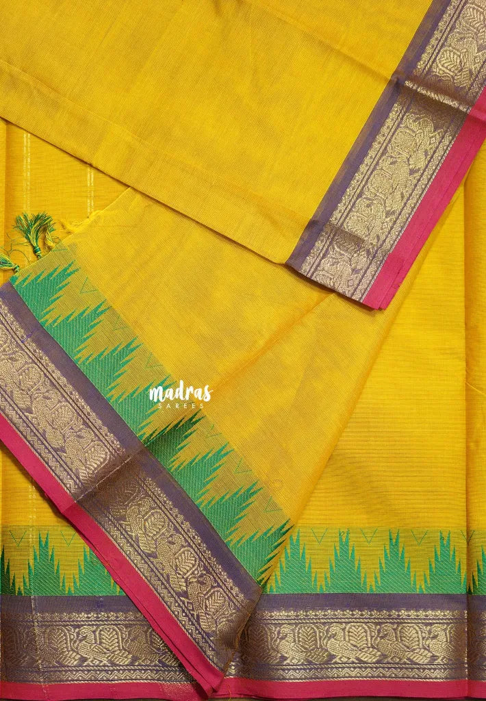 Marigold Yellow - Karthigai silk cotton plain body small Peacock and T ...