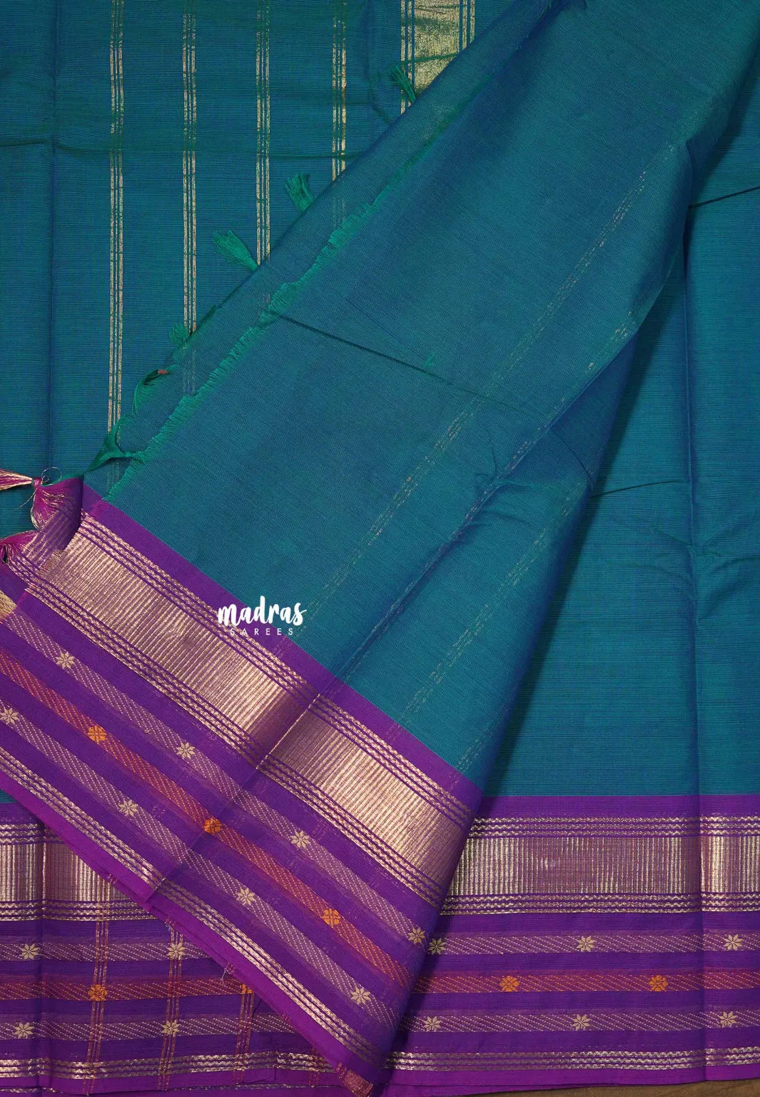 Peacock Blue - Karthigai silk cotton plain body with multi line Ganga ...