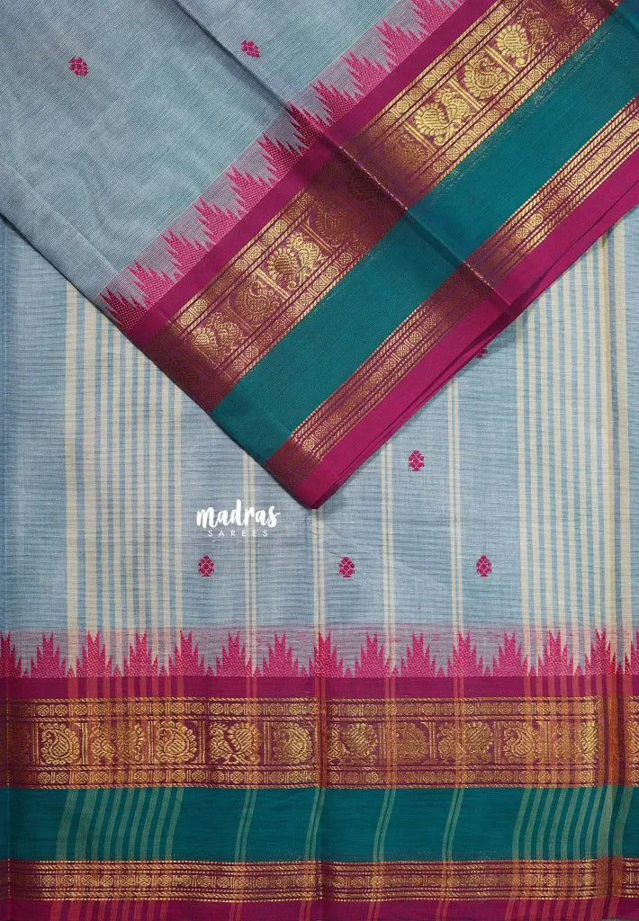 Greyish Bllue - Karthigai silk cotton temple mayil mango multi border ...