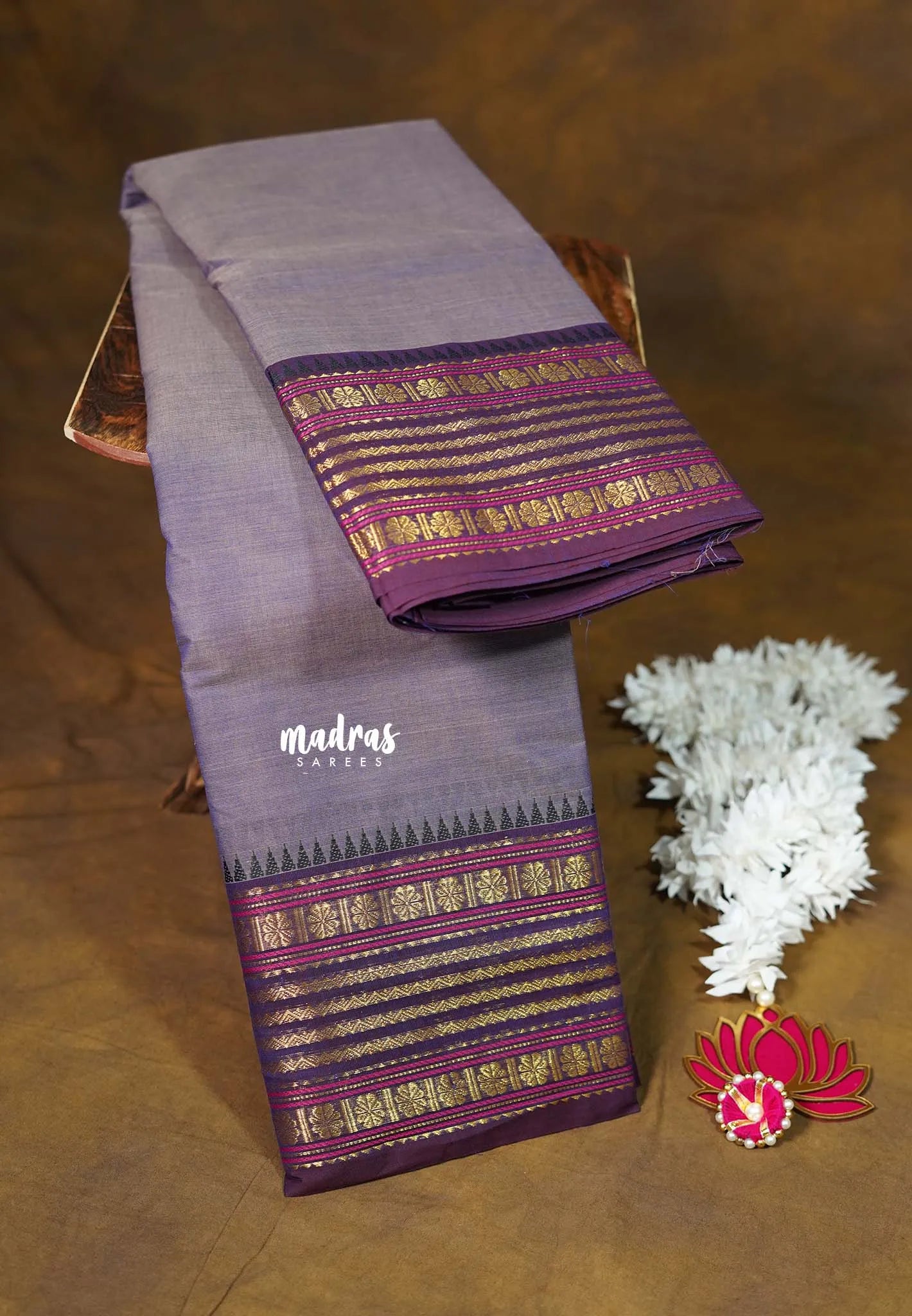 Muted Lavender Purple - Karthigai silk cotton plain body multi line an ...