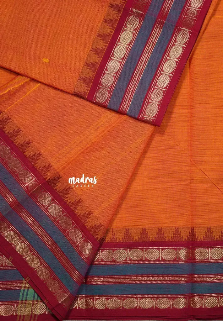Orange - Karthigai silk cotton multi Rudraksham with Temple Boder with ...