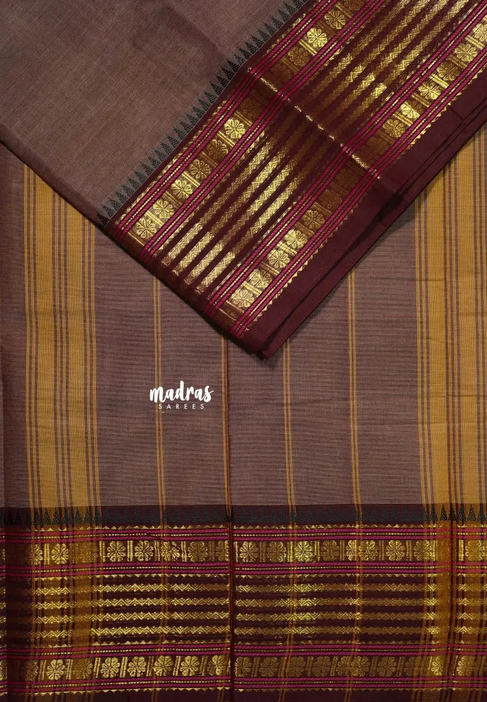 Pastel Brown - Karthigai silk cotton plain body multi line and flower ...