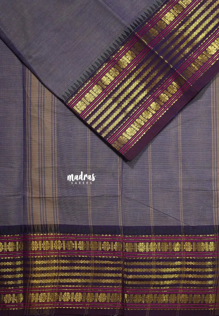 Muted Lavender Purple - Karthigai silk cotton plain body multi line an ...