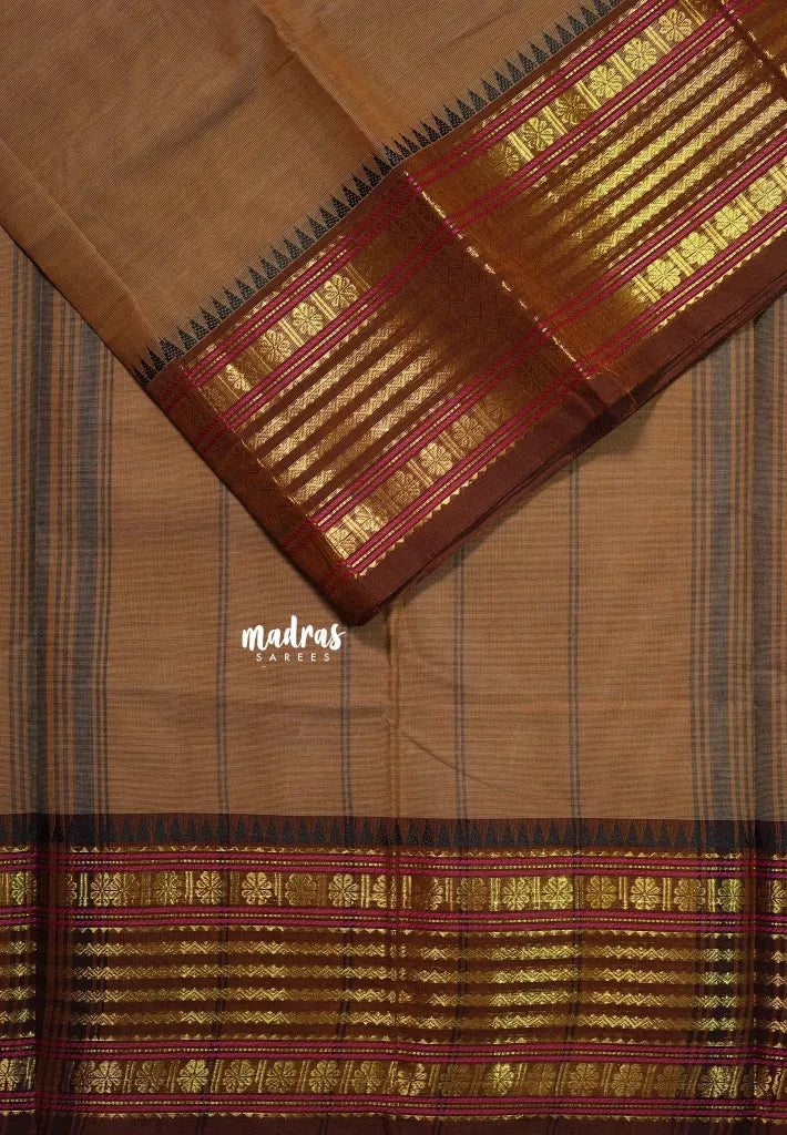 Pastel Brown - Karthigai silk cotton plain body multi line and flower ...