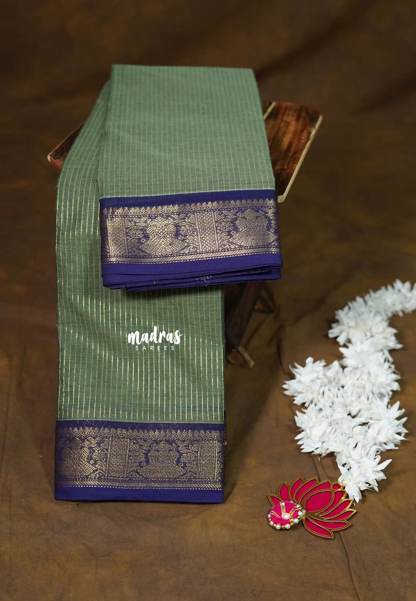 Greyish Green - Karthigai Silk Cotton saree with Stripes Weaving - Bes ...