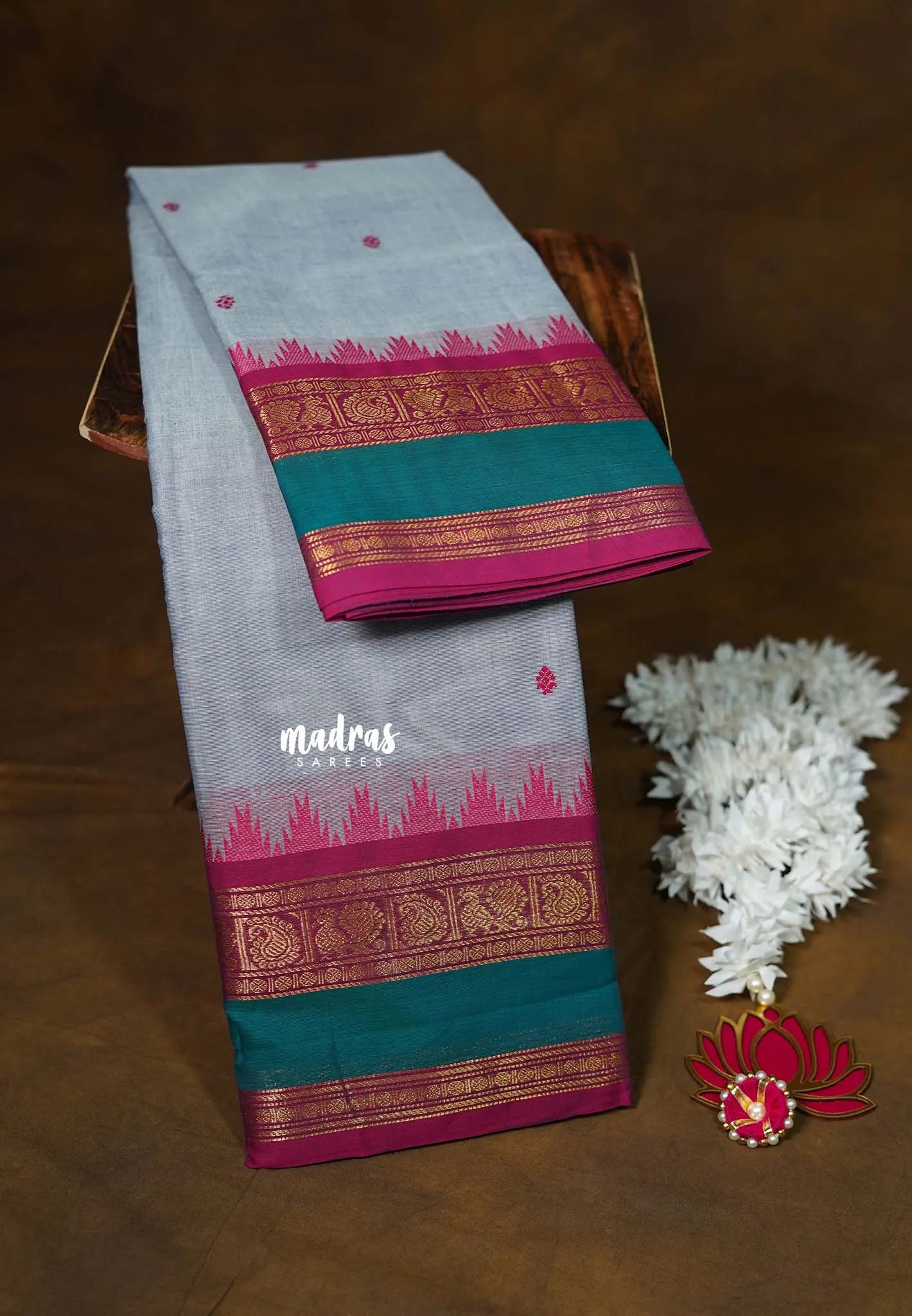 Greyish Bllue - Karthigai silk cotton temple mayil mango multi border ...