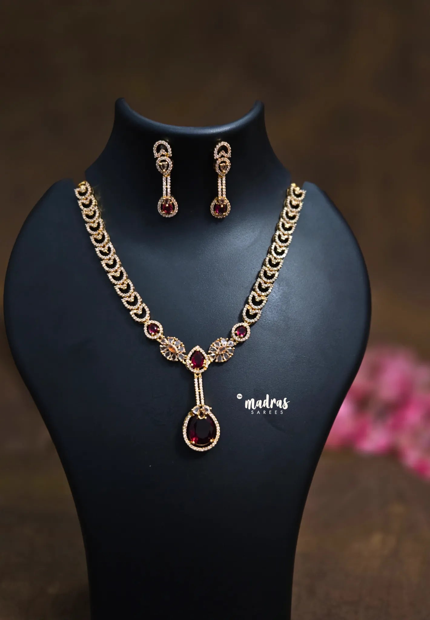 Premium 1 Gram Gold polish AD Stone Trendy Unique Design Ruby pendant – Madras Sarees