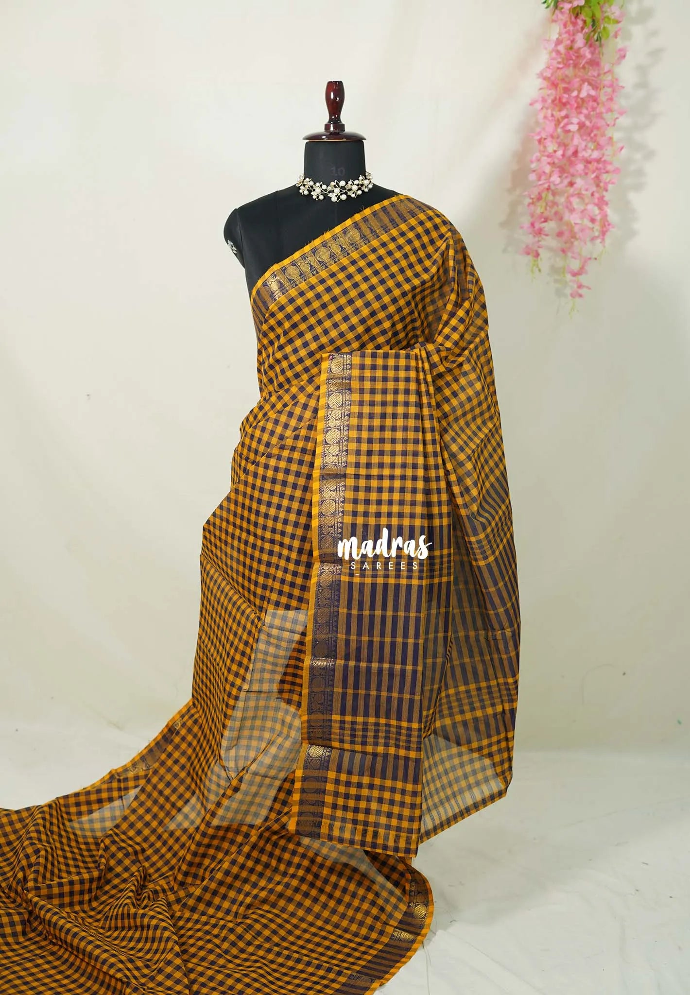 Yellowish Orange with Blue - Classic Kanchi cotton kandangi checks wit ...