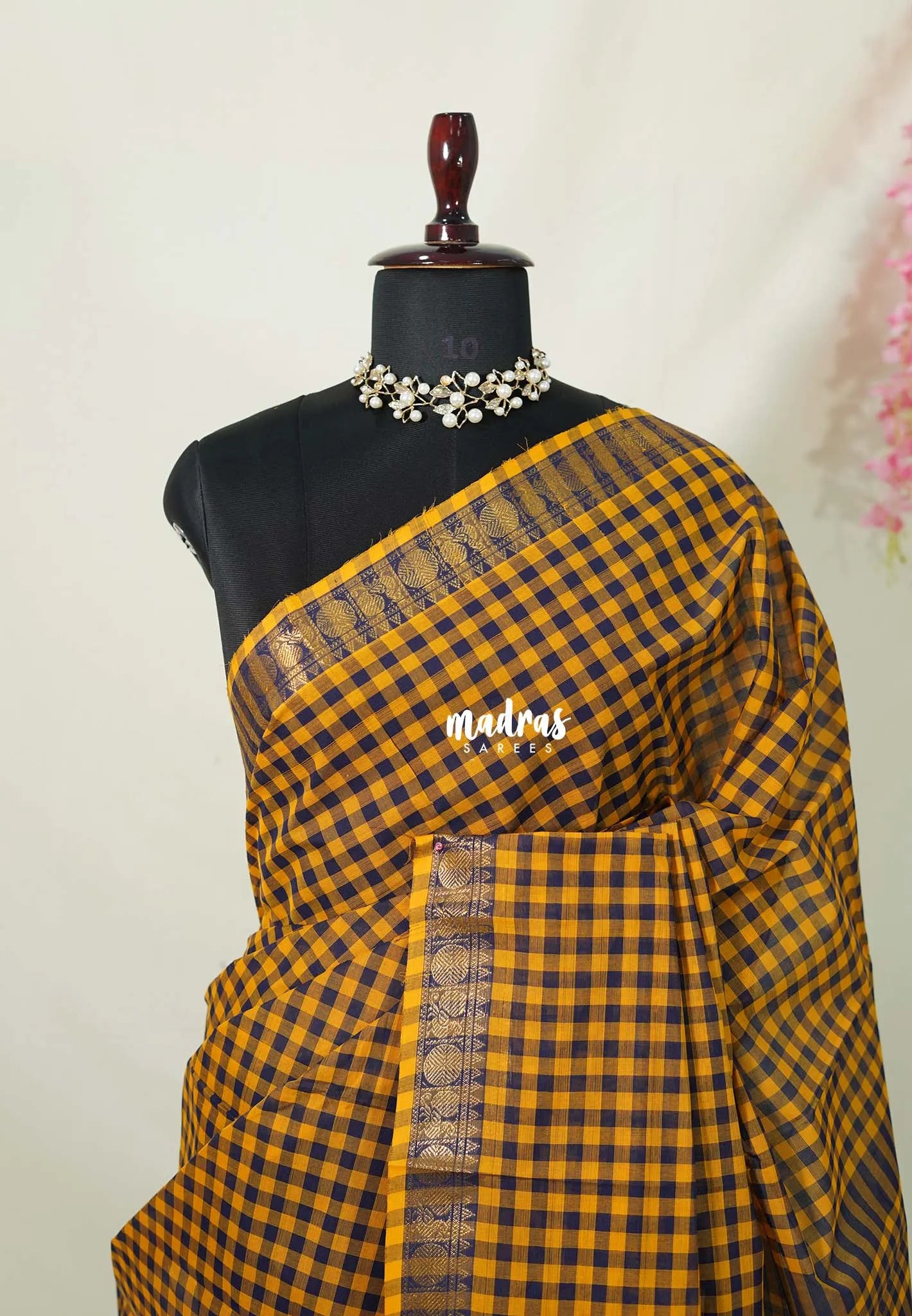 Yellowish Orange with Blue - Classic Kanchi cotton kandangi checks wit ...