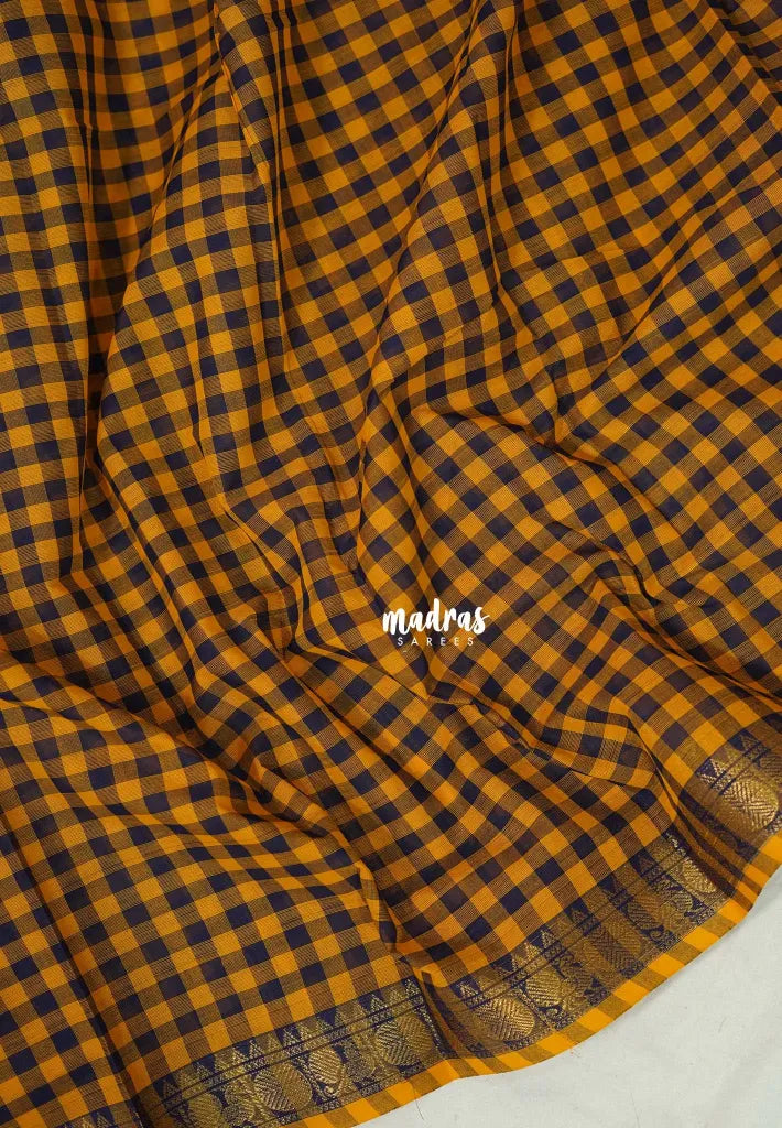 Yellowish Orange with Blue - Classic Kanchi cotton kandangi checks wit ...