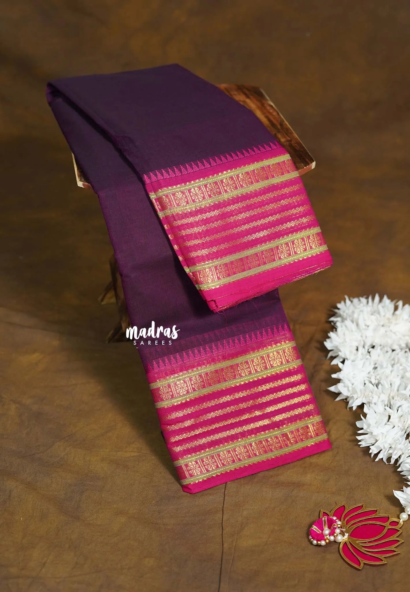 Jamun Purple - Karthigai silk cotton plain body multi line and flower ...