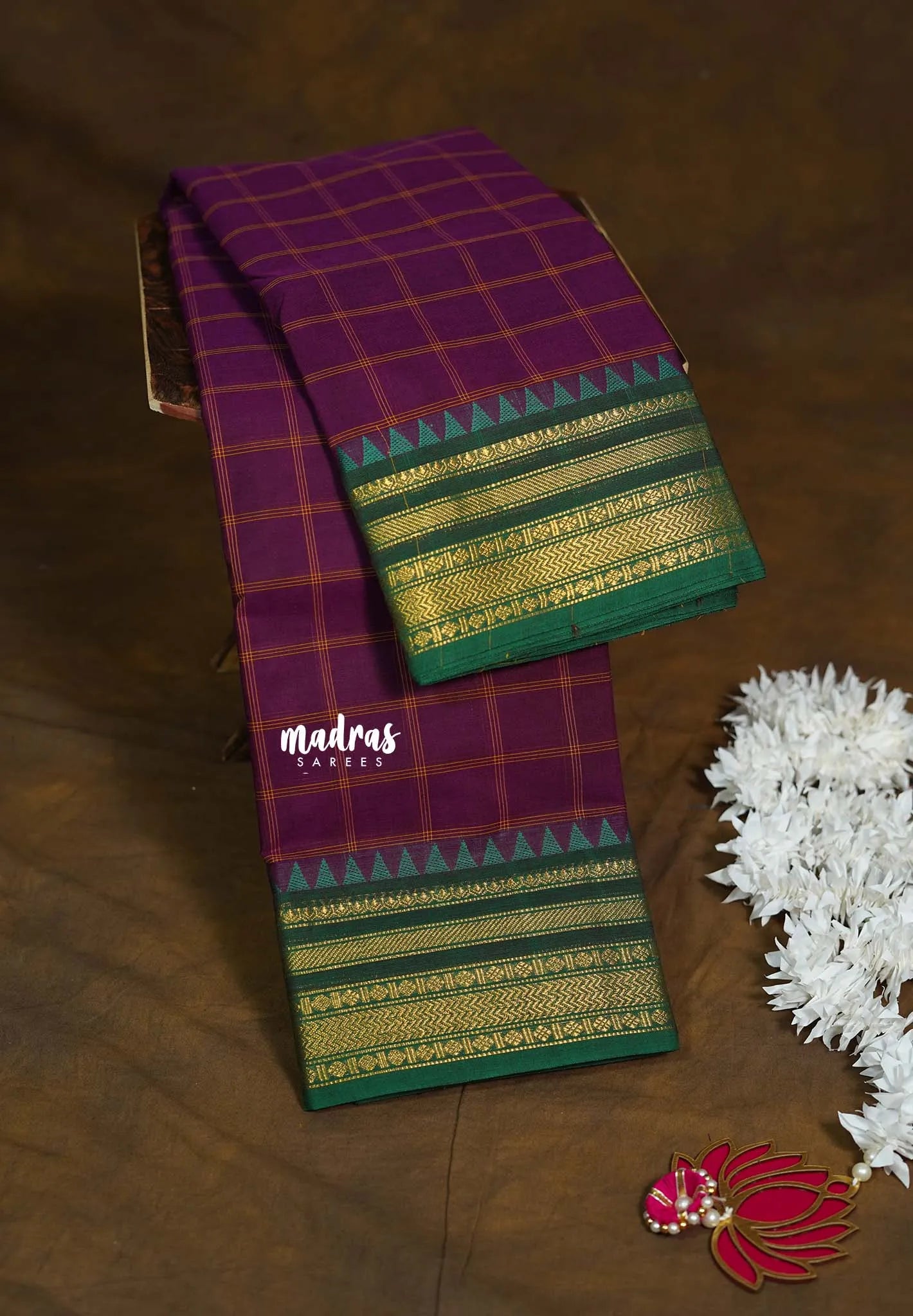 Magenta Purple - Karthigai silk cotton Big Muthu Kattam Checks with Ba ...