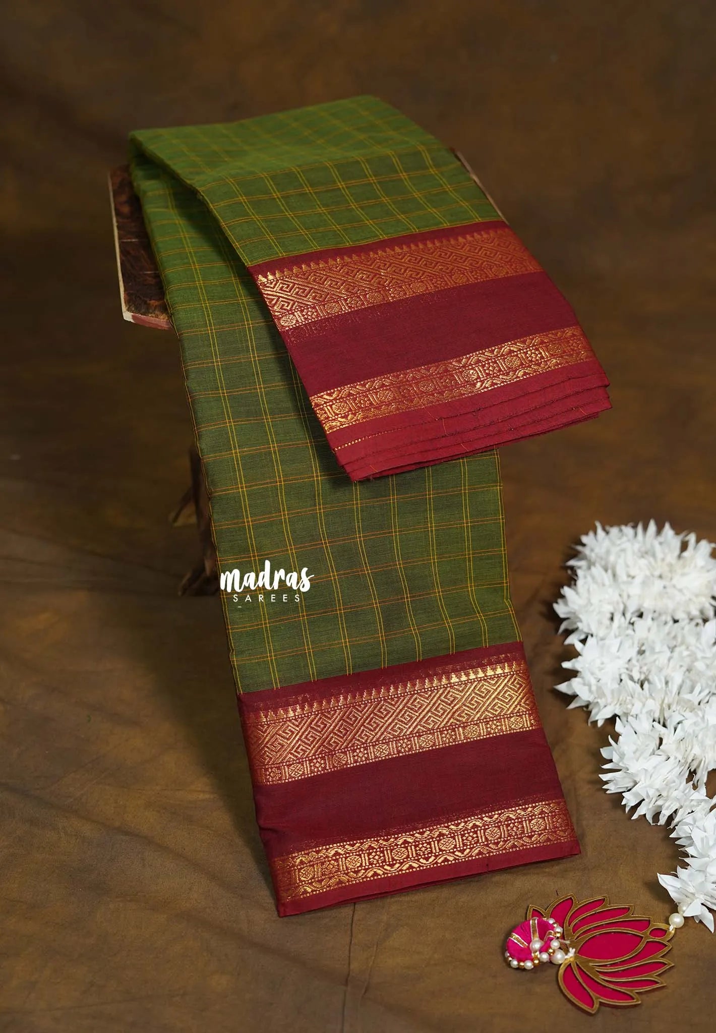 Olive Green - Karthigai silk cotton Big Muthu Kattam Checks with Retta ...