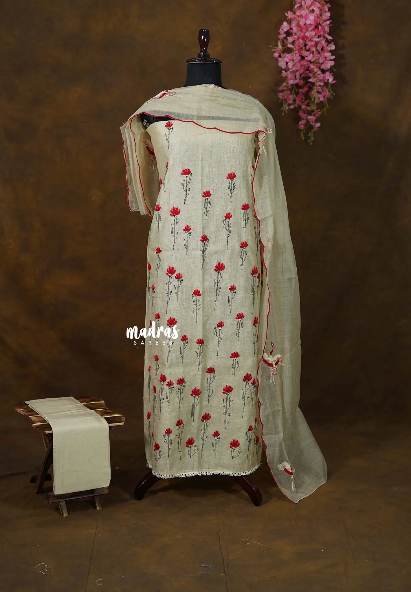 Amitha – Creamy Ivory with Red Premium Jute Linen Salwar Suit with Flo ...