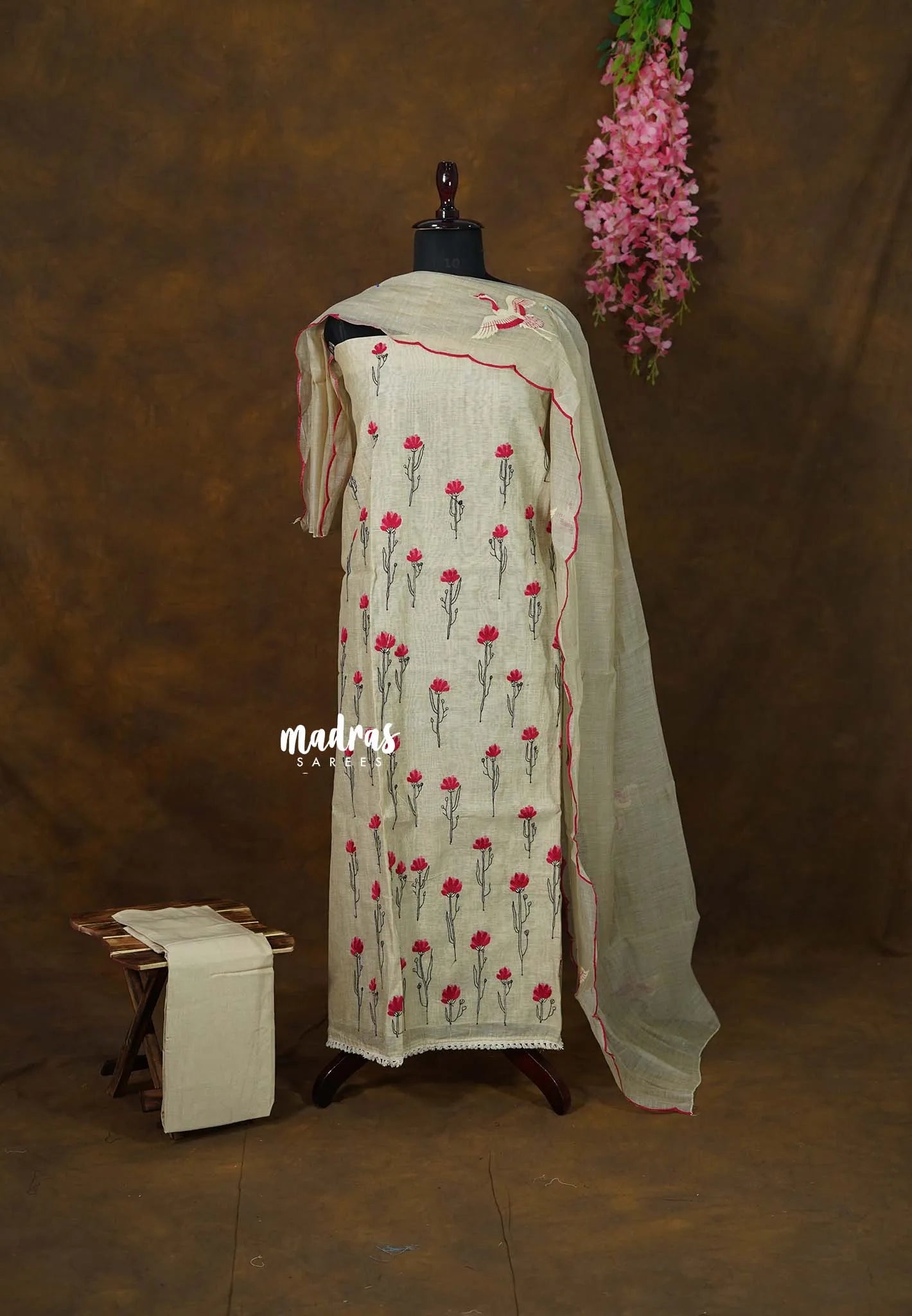 Amitha – Creamy Ivory with Pink Premium Jute Linen Salwar Suit with Fl ...