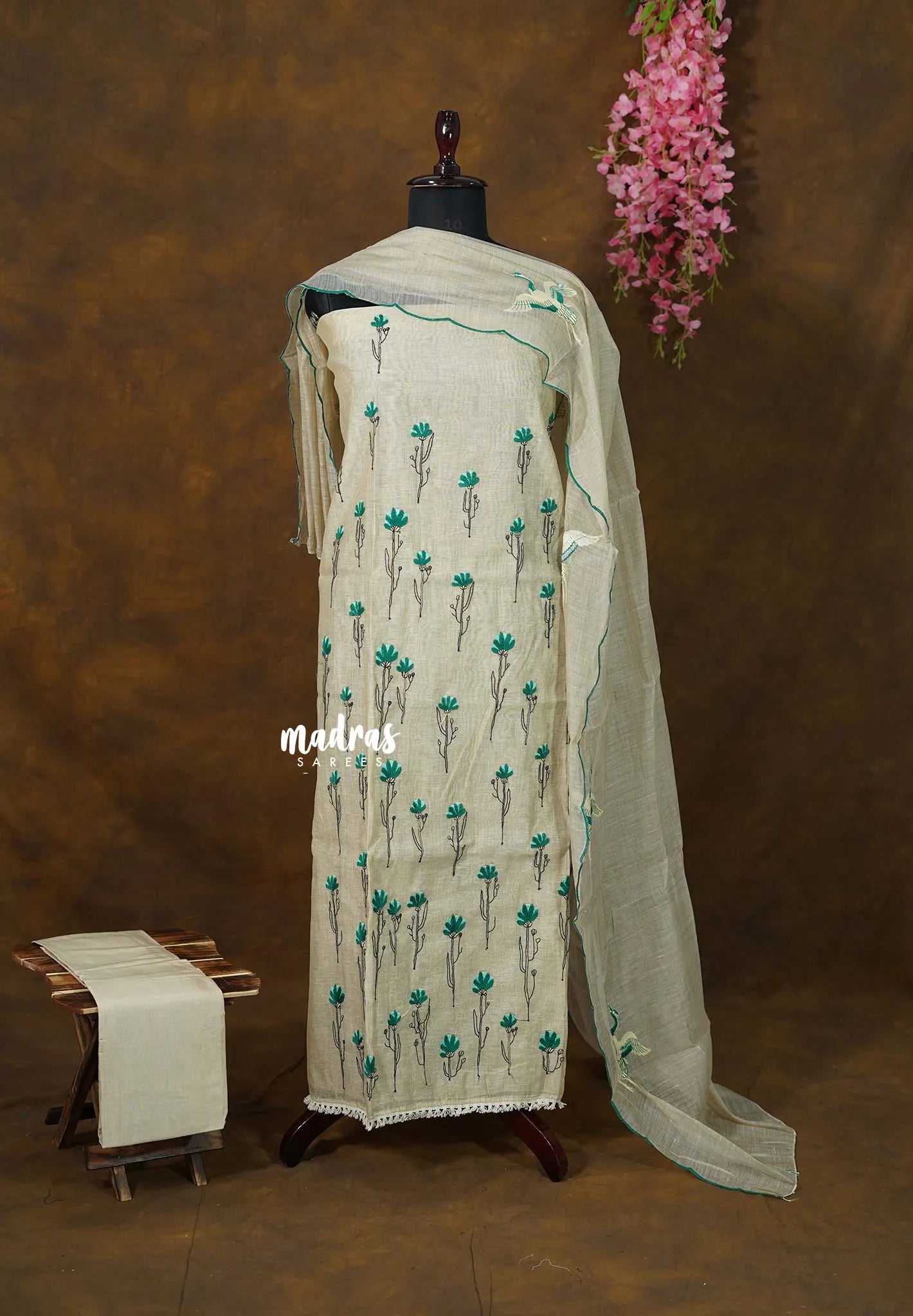 Amitha – Creamy Ivory with Green Premium Jute Linen Salwar Suit with F ...