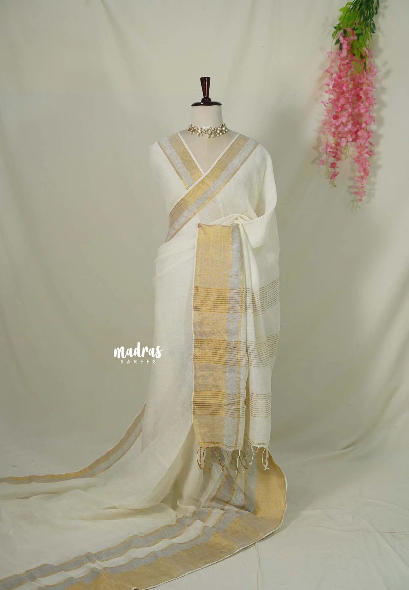 (PRE-BOOKING) Ivory white - Thoolika - Organic linen hand woven with g ...