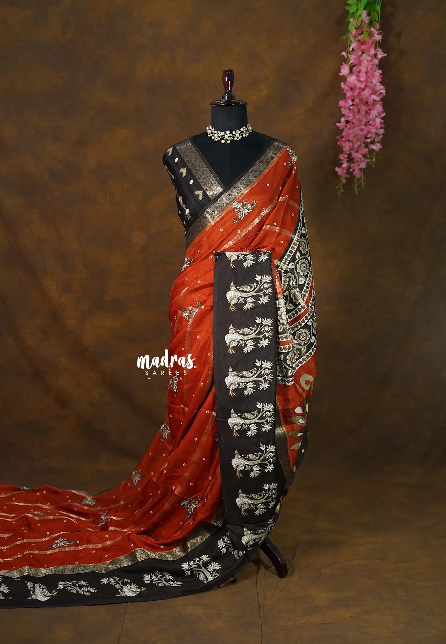 Rust Orange - Light weight Vasundra Printed silk with Tree Border - Be ...